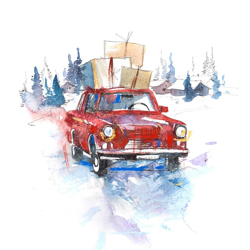 Winter Christmas Eve Car with Boxes Holiday Celebration. Stock Image ...