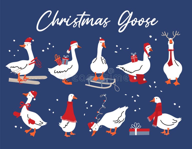 Winter Christmas Illustration Set with White Geese, Christmas Design on ...