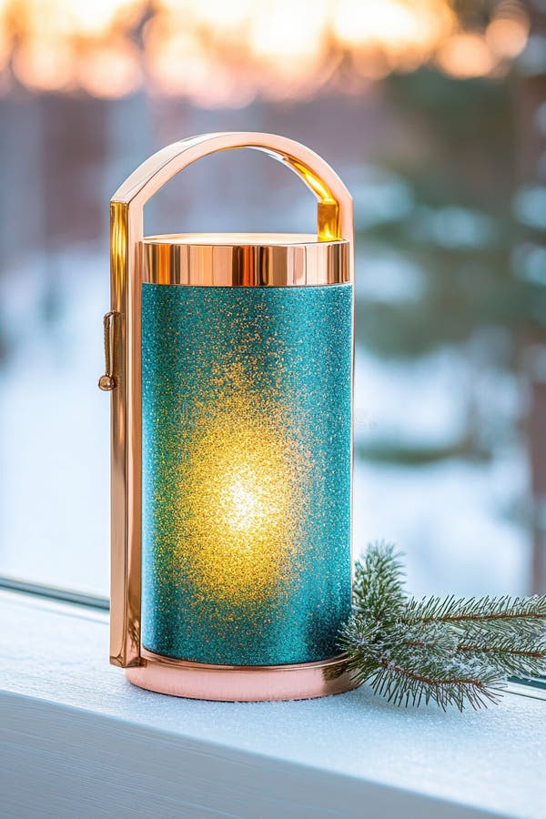 Winter Christmas Lantern with Warm Glow on Snowy Windowsill Stock Photo ...