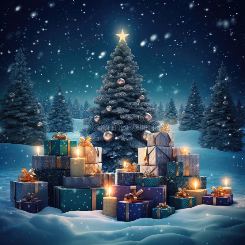 Winter Christmas Tree Scene Gift Boxes Stock Illustration ...