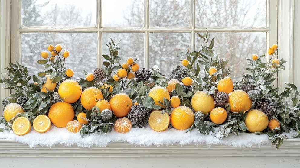 Winter Citrus Arrangement on Windowsill Stock Image - Image of still ...