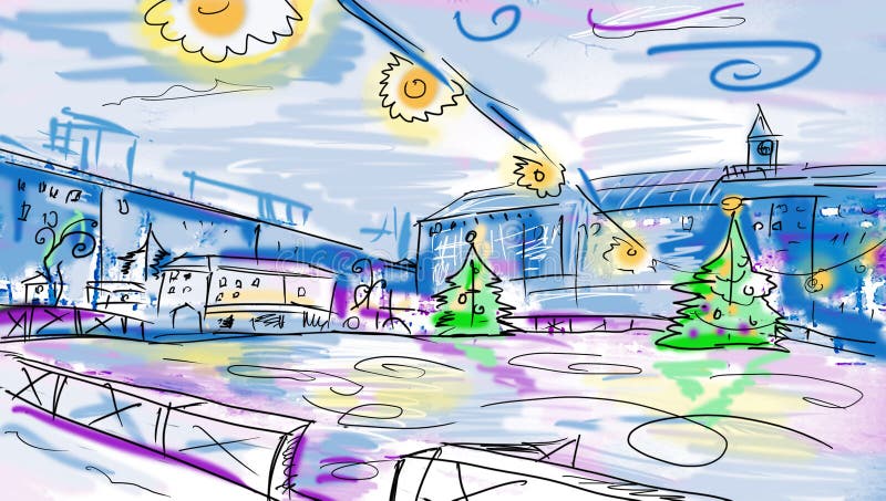 Winter city. stock illustration. Illustration of river - 22036789