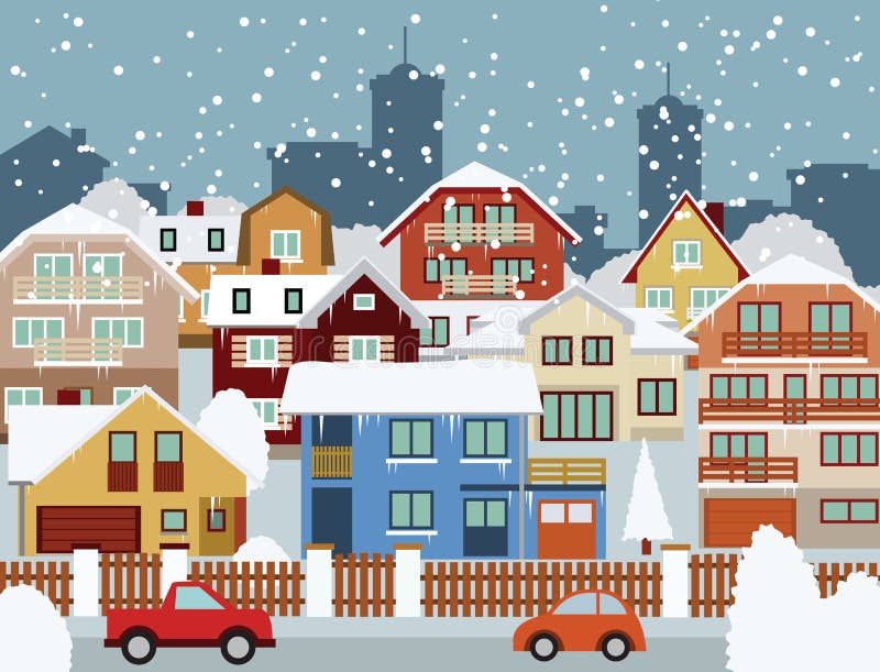 Snow covered city houses stock vector. Illustration of christmas - 34109604