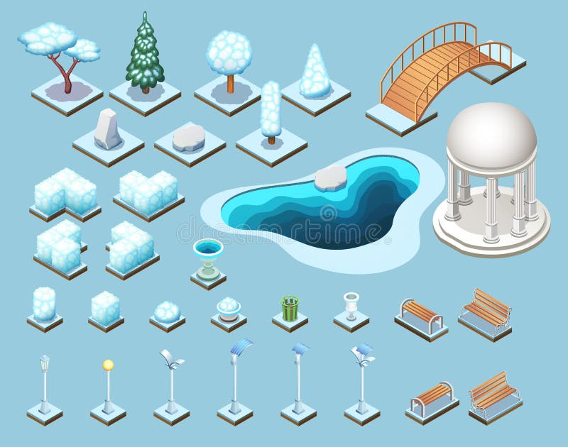 Isometric Park Constructor Set. Isolated Vector Illustrations. Stock Vector - Illustration of ...