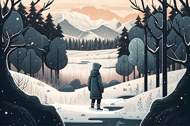 Winter Concept Illustration with Snowy Forest and Human Figure in the ...