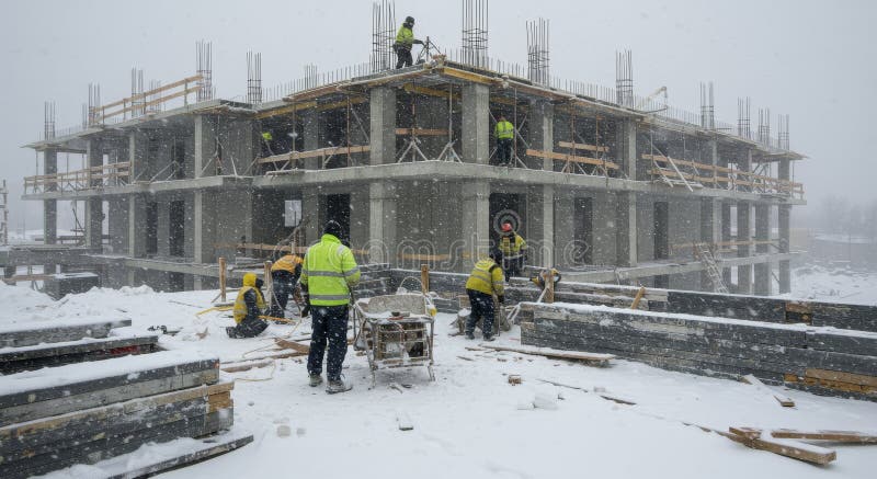 Winter Construction Site Progress Construction Workers Persevere in a ...