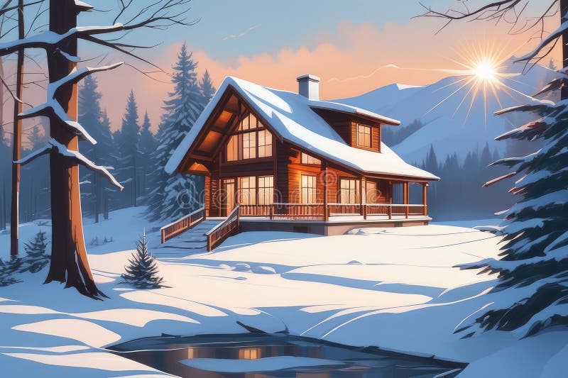 Winter in the Countryside Cartoon Illustration, Winter Environment ...