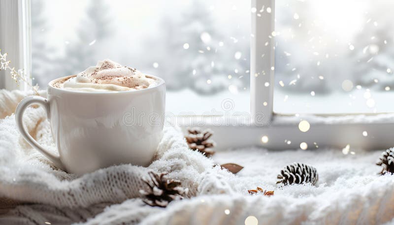 Winter Cozy Hot Chocolate in White Cup on White Window with Winter Snow ...