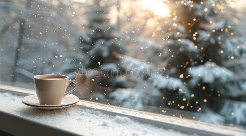 A Winter Cup of Coffee on a Window Sill Near Trees Stock Photo - Image ...