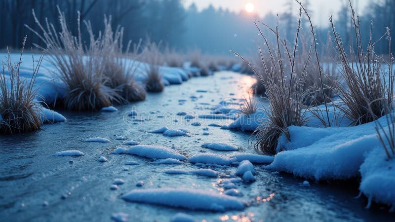 Winter Dawn Over Icy Stream with Frosted Grasses and Rising Sun Stock ...