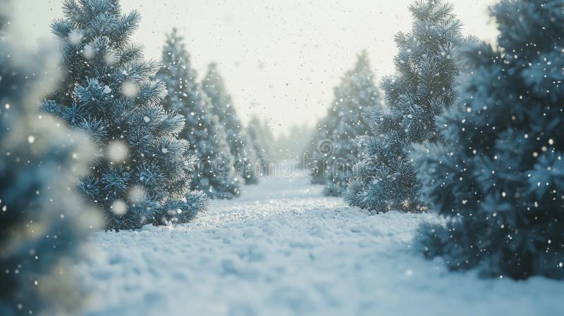 On a Winter Day, a Christmas Tree Farm with Snow-dusted Rows of ...