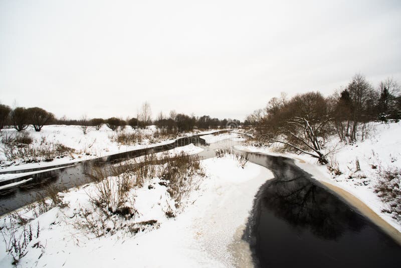 Winter Daytime Landscape with Snow, River and Trees Stock Image - Image ...