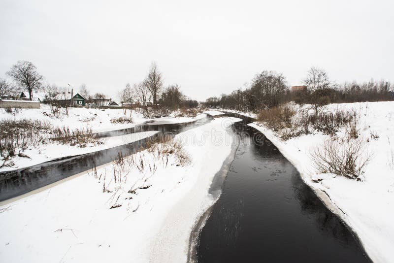 Winter Daytime Landscape with Snow, River,trees and Rustic House Stock ...