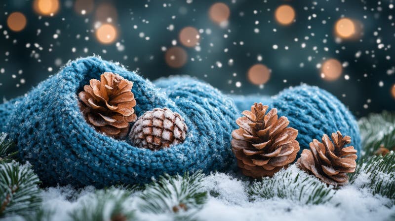 Winter Decoration Featuring Pine Cones Nestled in Soft Blue Yarn with ...
