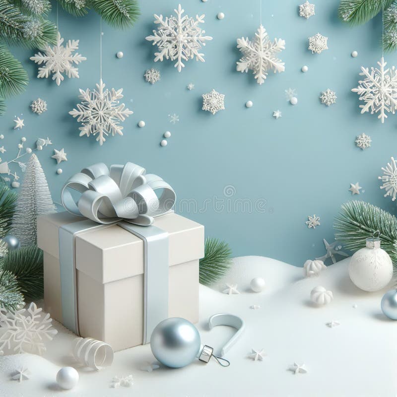 Winter Decorative Background with Gift Box, Cartoon Snowflake, 3D ...