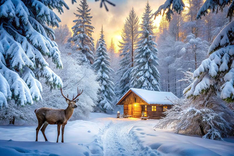 Winter Deer Cabin Sunrise Forest Stock Illustration - Illustration of snowfall, snow: 364206573