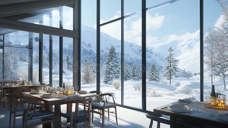 Winter Dining: Mountain View Restaurant Interior Scene Stock ...