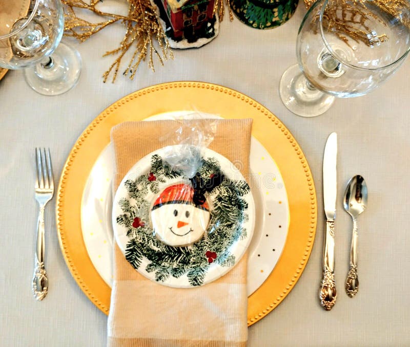 Winter Dinner Table Setting with Snowman Stock Image - Image of wine ...
