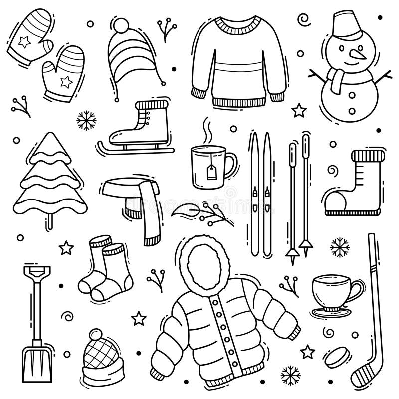 Winter Doodle Hand Drawn Objects with Line Art Style Vector ...