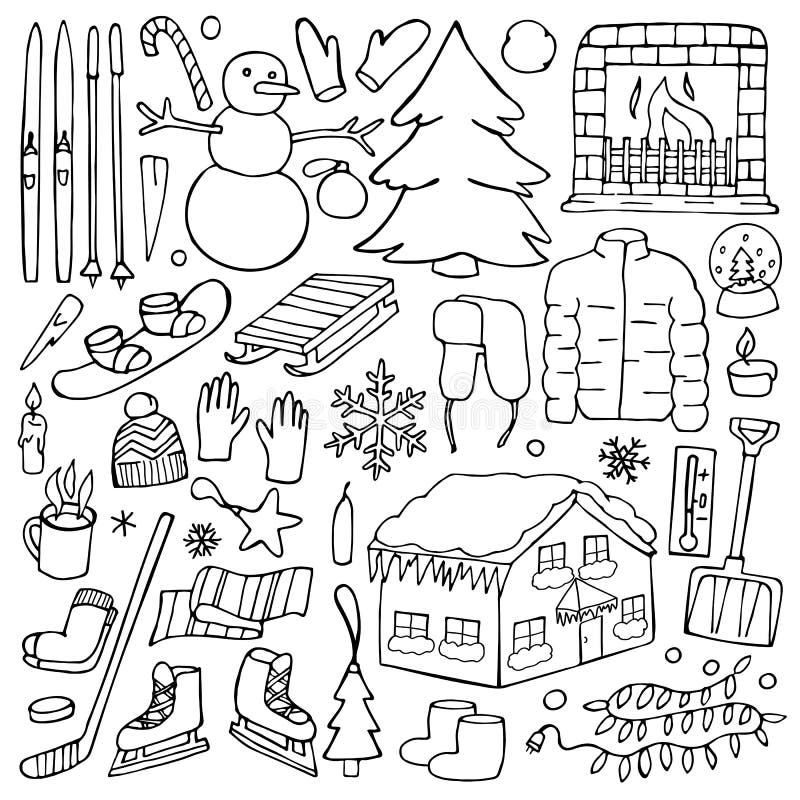 Winter doodle set stock vector. Illustration of black - 75581791