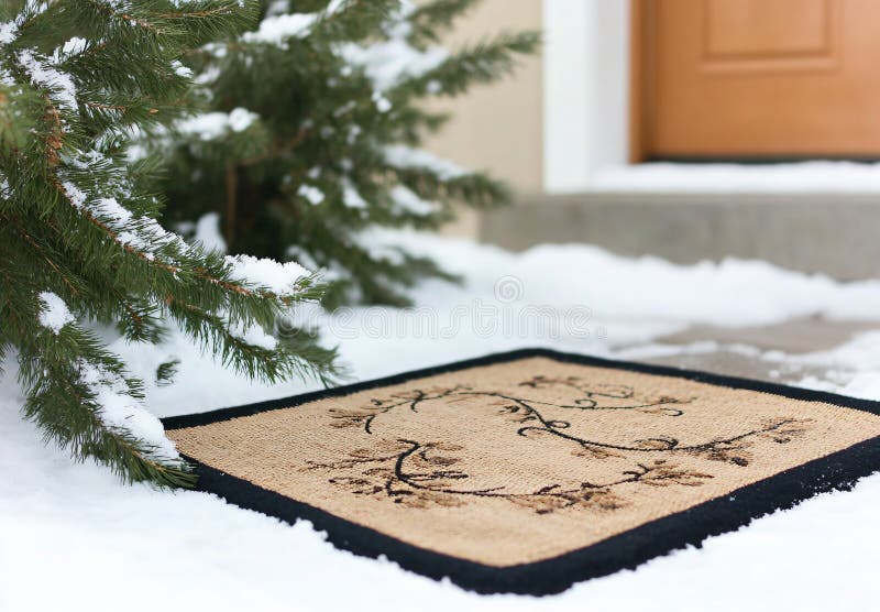Winter Doormat Scene Snow Covered Doormat with High Quality Image Stock ...