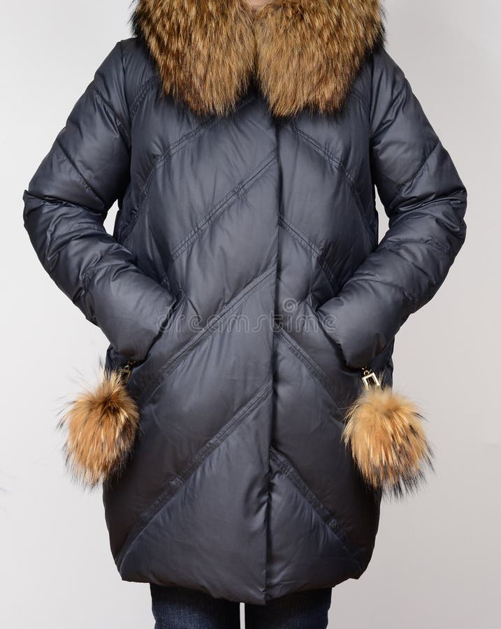 Winter Down Jacket with Red Fox Collar Isolated on Grey Background ...