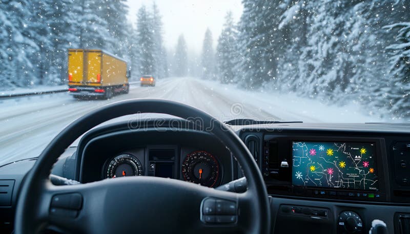 Winter Driving: a Journey through Snowy Roads with Gps Navigation Stock ...