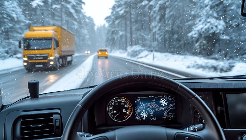 Winter Driving: a Journey through Snowy Roads with Gps Navigation Stock ...
