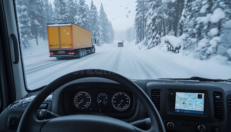 Winter Driving: a Journey through Snowy Roads with Gps Navigation Stock ...