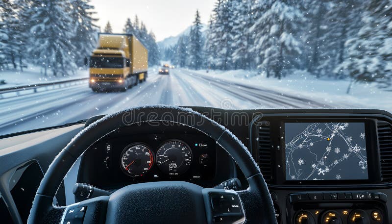 Winter Driving: a Journey through Snowy Roads with Gps Navigation Stock ...