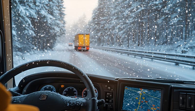 Winter Driving: a Journey through Snowy Roads with Gps Navigation Stock ...