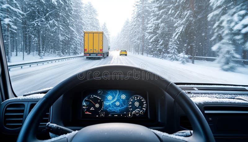 Winter Driving: a Journey through Snowy Roads with Gps Navigation Stock ...