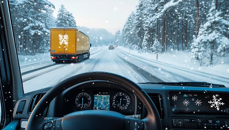 Winter Driving: a Journey through Snowy Roads with Gps Navigation Stock ...