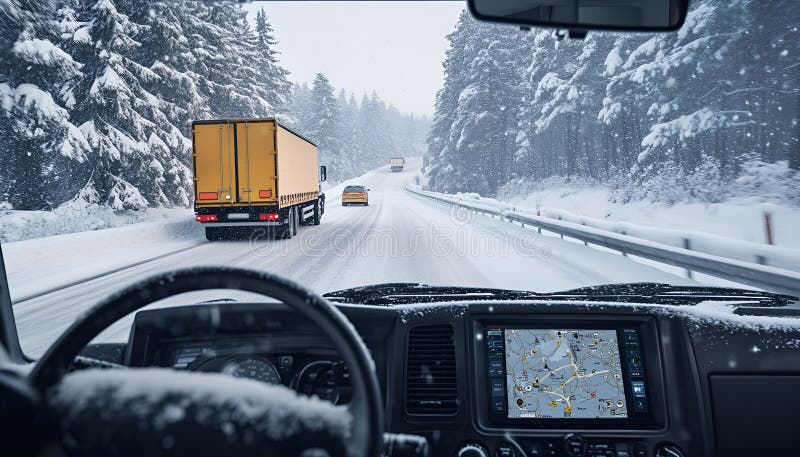 Winter Driving: a Journey through Snowy Roads with Gps Navigation Stock ...