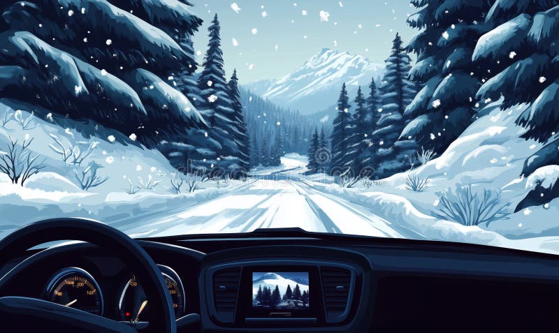 Winter Driving Scene through Snowy Mountain Road with Pine Trees and ...