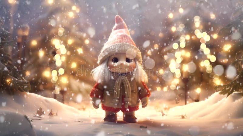 The Winter Elf Stands in the Illuminated Forest. Animated Snow and ...