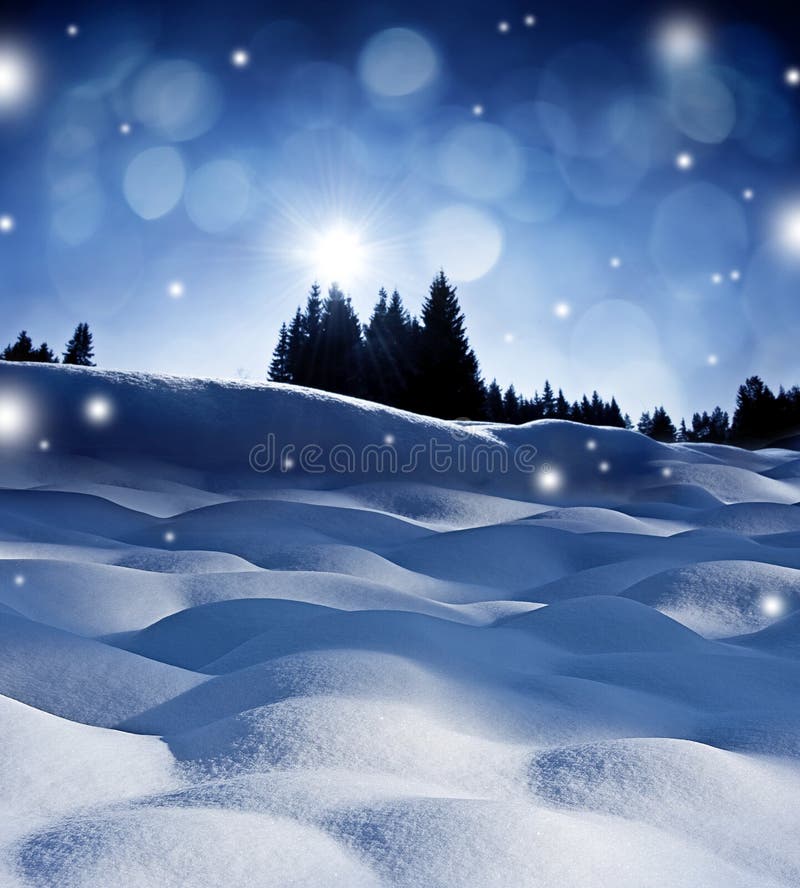 Christmas Eve Scene with Tree, Snow Falling, Santa Claus in a Sleigh ...