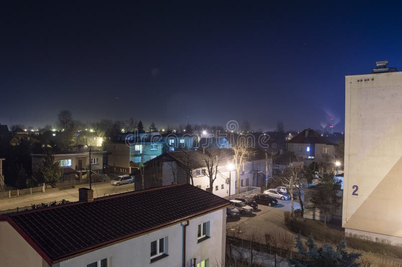 Winter Evening in the City, Night and Smoke from the Chimneys. Smog ...