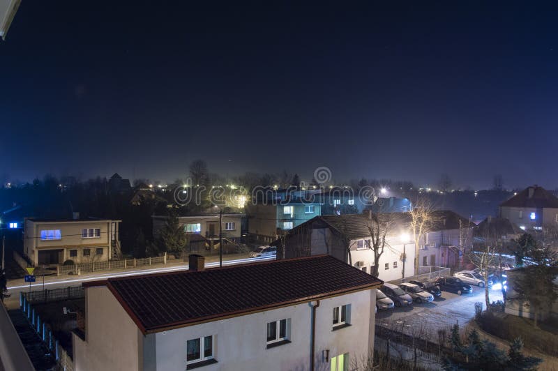 Winter Evening in the City, Night and Smoke from the Chimneys. Smog ...