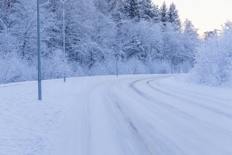 Winter Evening Forest with Road Covered with Snow Stock Image - Image ...