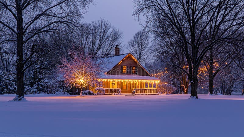 A Winter Evening Scene Featuring a House Glowing Stock Illustration ...