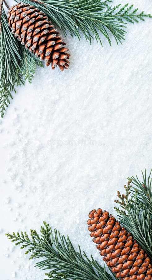 Winter Evergreen Scene with Pine Cones and Snowy Background, Copy Space ...