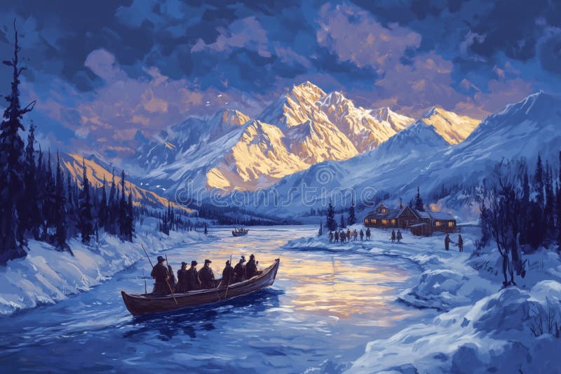 Winter Expedition through Snow-covered Mountains at Dusk in the 19th ...