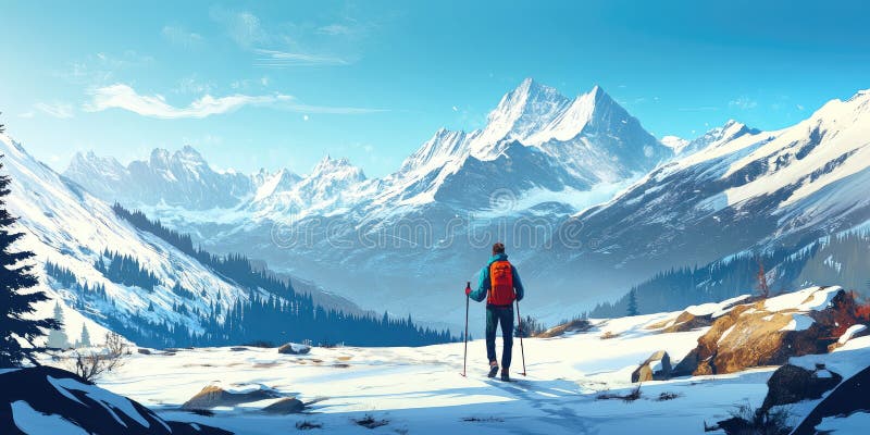 Winter Explorer: Trekking through Snowy Mountains Stock Illustration ...