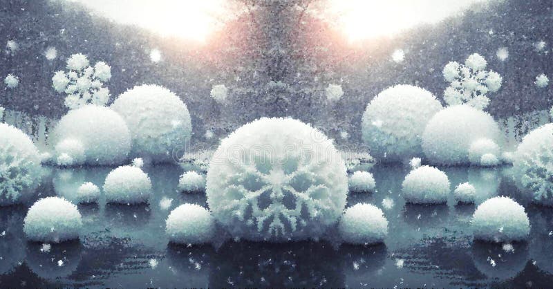 Winter Fantasy River with Huge Snowflakes Falling at Twilight Stock ...