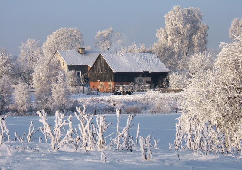 Winter farm stock image. Image of sunny, trees, white, houses - 478965