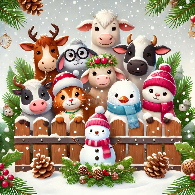 Winter Farm Scene with Animals and Snowman Generative for AI Stock ...