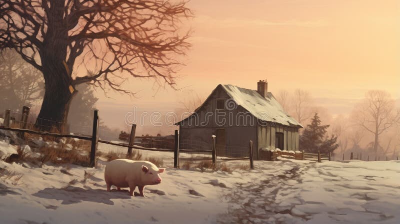 Winter Farm with a Standing Pig in Digital Painting Style Stock ...