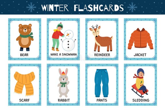 Winter Flashcards Collection for Kids. Flash Cards Set with Cute ...