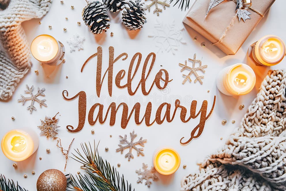 Winter Flat Lay with Text Hello January Stock Photo - Image of ...